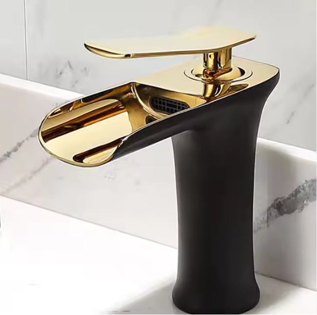 Elegant Black and Gold Waterfall Bathroom Faucet with Wide Spout, Luxu ...