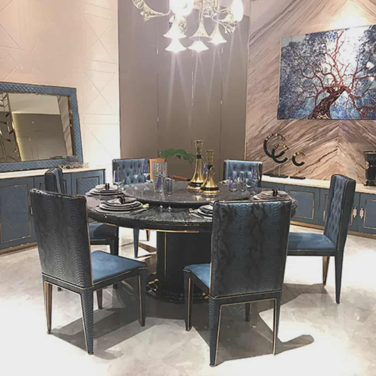 Modern Luxury Rotating Dining Table Set – 6 Seater with Blue Chairs, N ...