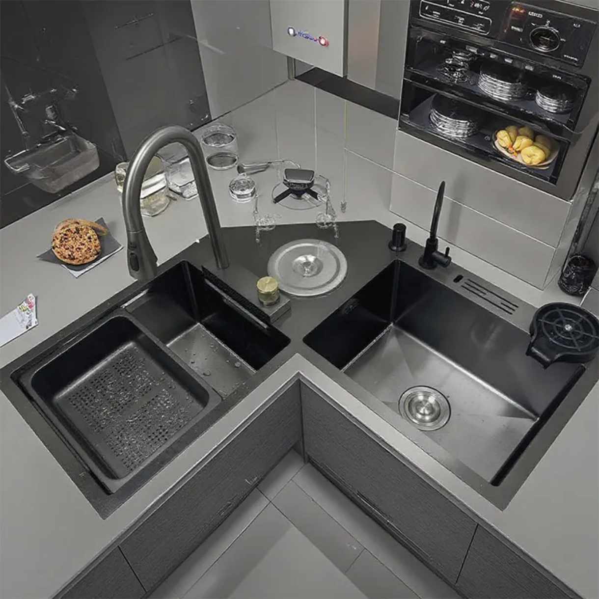 Modern Handmade Kitchen Sink Corner Wash Basin Black Nano Multi Functi ...
