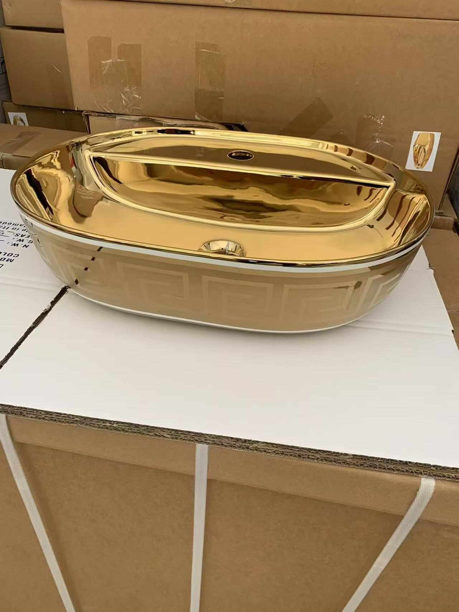 Luxury Gold Electroplated Pure Porcelain Oval Above-Counter Bathroom V ...