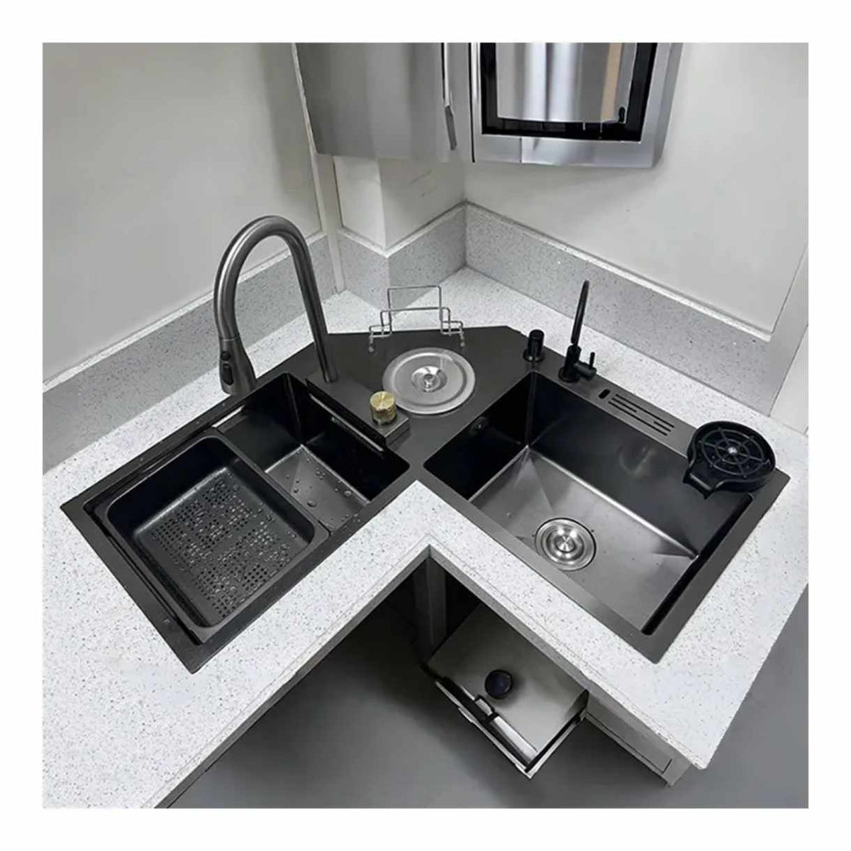 Modern Handmade Kitchen Sink Corner Wash Basin Black Nano Multi Functi ...