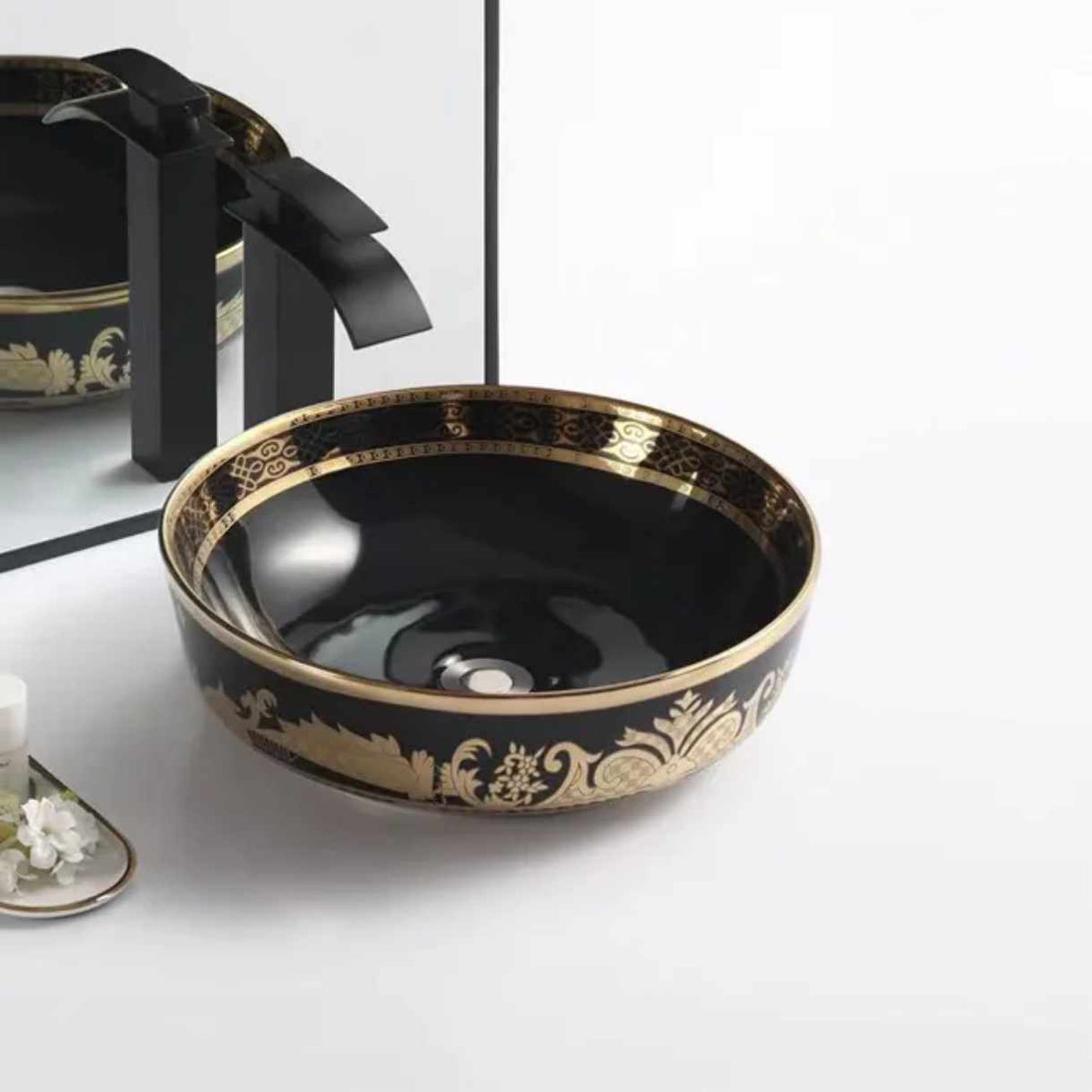 Ornate Porcelain Wash Basin Black Gold Filigree Design – La Moderno