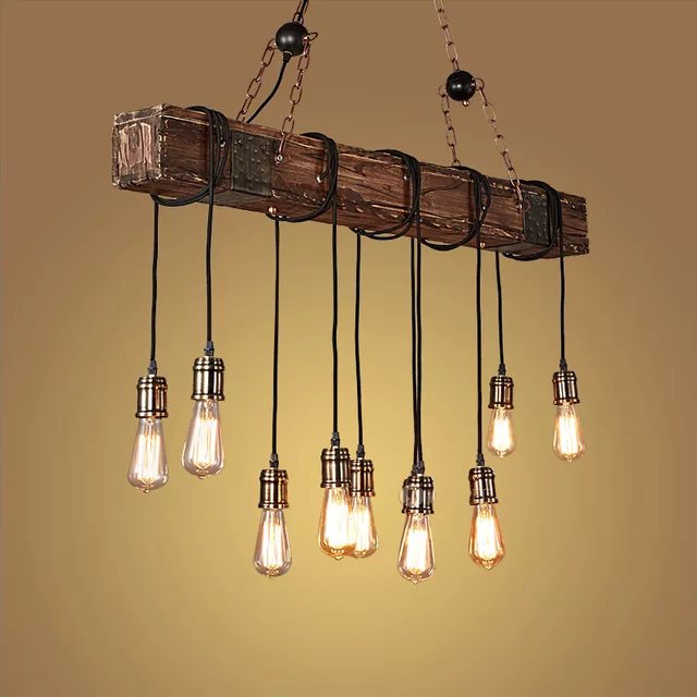 Rustic Wood Beam Edison Hanging Ceiling Lighting Natural Reclaimed Woo ...