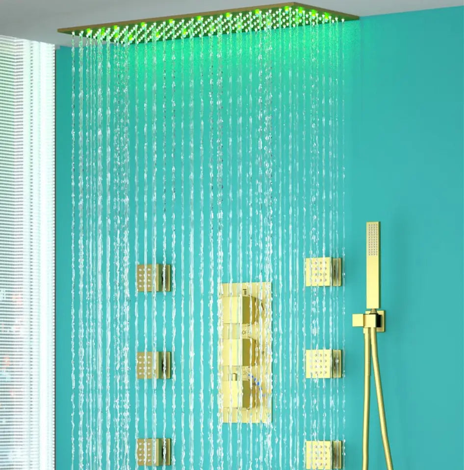 16 Inches Brushed Gold Bathroom Shower System LED Rainfall Shower Comb ...