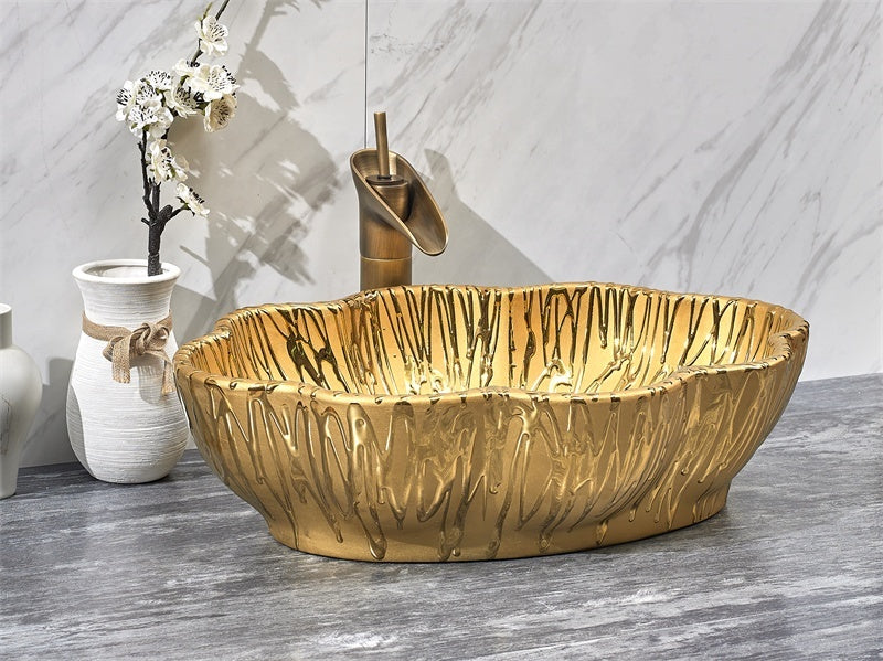 Flower edge ceramic hand wash golden basin for bathroom – La Moderno