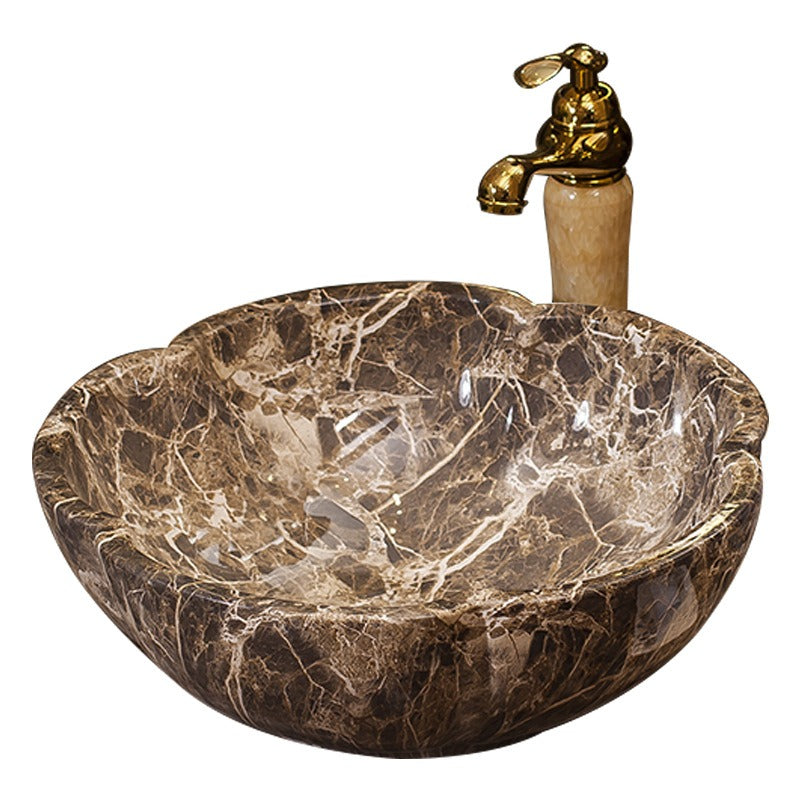 Bathroom above counter top round stone marble look art basin ceramic b ...